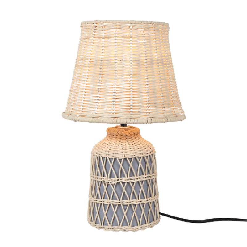 Ella boho rattan table lamp - Rustic base with blue pattern ...